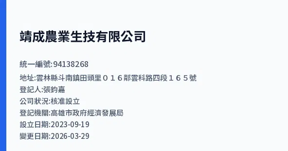 靖成農業生技有限公司的照片-統編 94138268(雲林縣) 公司登記資料與營業項目詳細圖表