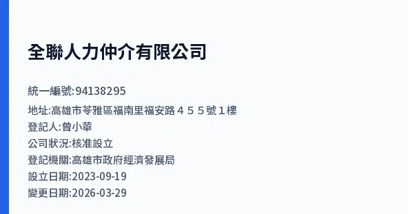 全聯人力仲介有限公司的照片-統編 94138295(高雄市) 公司登記資料與營業項目詳細圖表