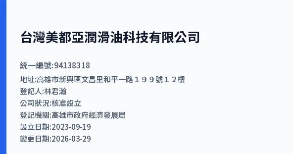 台灣美都亞潤滑油科技有限公司的照片-統編 94138318(高雄市) 公司登記資料與營業項目詳細圖表