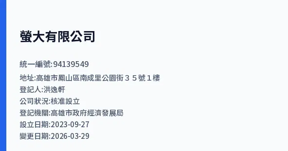 螢大有限公司的照片-統編 94139549(高雄市) 公司登記資料與營業項目詳細圖表