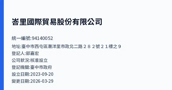 峇里國際貿易股份有限公司的照片-統編 94140052(臺中市) 公司登記資料與營業項目詳細圖表