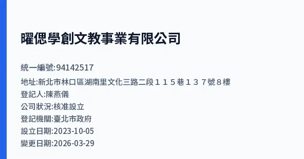 曜偲學創文教事業有限公司的照片-統編 94142517(新北市) 公司登記資料與營業項目詳細圖表