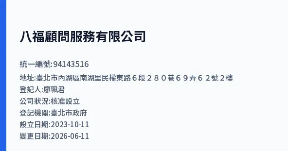 八福顧問服務有限公司的照片-統編 94143516(臺北市) 公司登記資料與營業項目詳細圖表