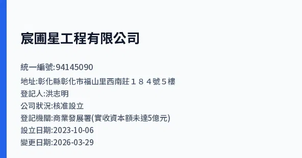 宸圃星工程有限公司的照片-統編 94145090(彰化縣) 公司登記資料與營業項目詳細圖表
