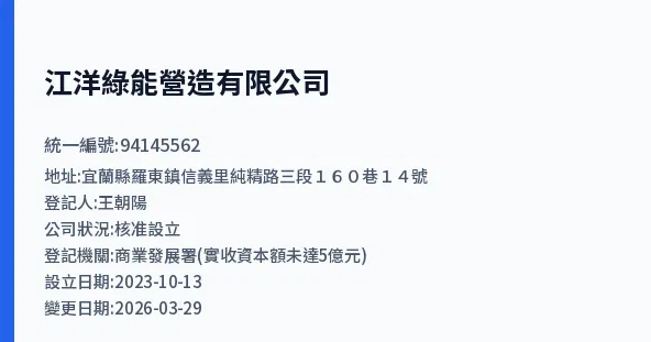 江洋綠能營造有限公司的照片-統編 94145562(宜蘭縣) 公司登記資料與營業項目詳細圖表
