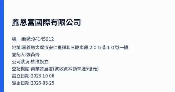 鑫恩富國際有限公司的照片-統編 94145612(嘉義縣) 公司登記資料與營業項目詳細圖表