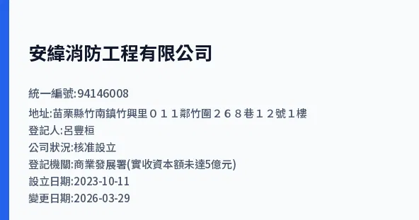 安緯消防工程有限公司的照片-統編 94146008(苗栗縣) 公司登記資料與營業項目詳細圖表