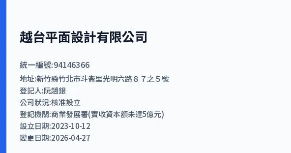 越台平面設計有限公司的照片-統編 94146366(新竹縣) 公司登記資料與營業項目詳細圖表