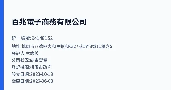 百兆電子商務有限公司的照片-統編 94148152(桃園市) 公司登記資料與營業項目詳細圖表