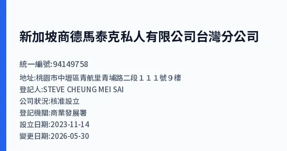 新加坡商德馬泰克私人有限公司台灣分公司的照片-統編 94149758(桃園市) 公司登記資料與營業項目詳細圖表