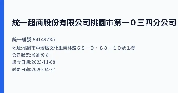 統一超商股份有限公司桃園市第一0三四分公司的照片-統編 94149785(桃園市) 公司登記資料與營業項目詳細圖表