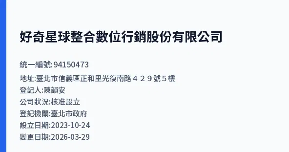 好奇星球整合數位行銷股份有限公司的照片-統編 94150473(臺北市) 公司登記資料與營業項目詳細圖表