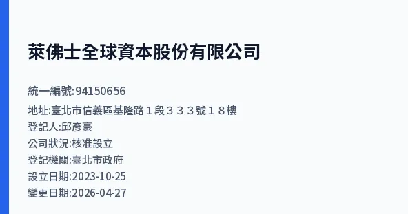 萊佛士全球資本股份有限公司的照片-統編 94150656(臺北市) 公司登記資料與營業項目詳細圖表