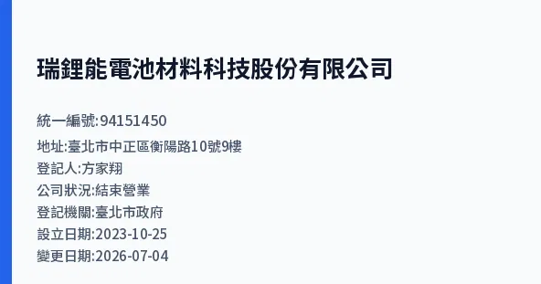 瑞鋰能電池材料科技股份有限公司的照片-統編 94151450(臺北市) 公司登記資料與營業項目詳細圖表