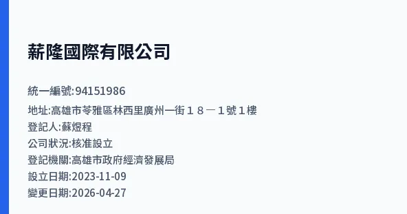 薪隆國際有限公司的照片-統編 94151986(高雄市) 公司登記資料與營業項目詳細圖表