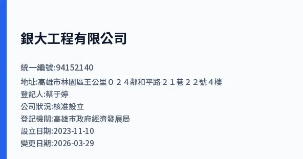 銀大工程有限公司的照片-統編 94152140(高雄市) 公司登記資料與營業項目詳細圖表