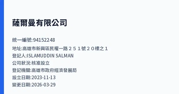 薩爾曼有限公司的照片-統編 94152248(高雄市) 公司登記資料與營業項目詳細圖表