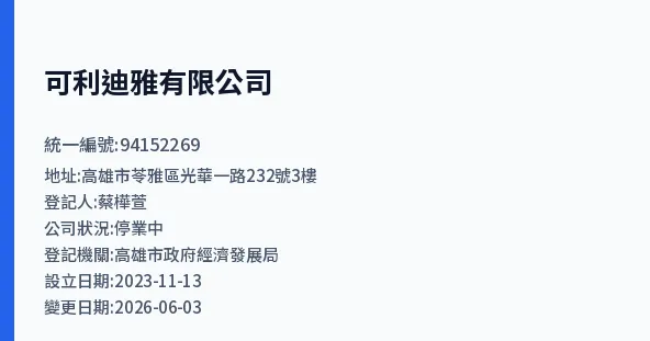 可利迪雅有限公司的照片-統編 94152269(高雄市) 公司登記資料與營業項目詳細圖表