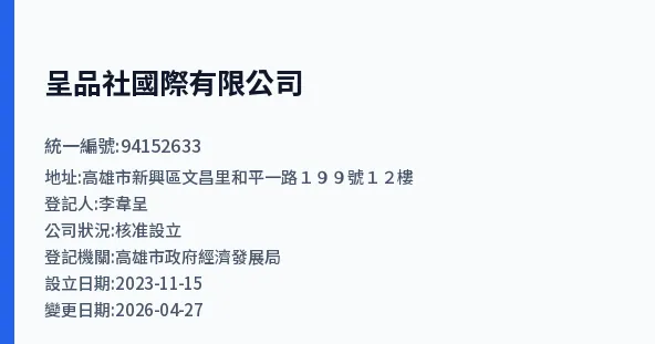 呈品社國際有限公司的照片-統編 94152633(高雄市) 公司登記資料與營業項目詳細圖表