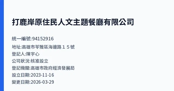 打鹿岸原住民人文主題餐廳有限公司的照片-統編 94152916(高雄市) 公司登記資料與營業項目詳細圖表