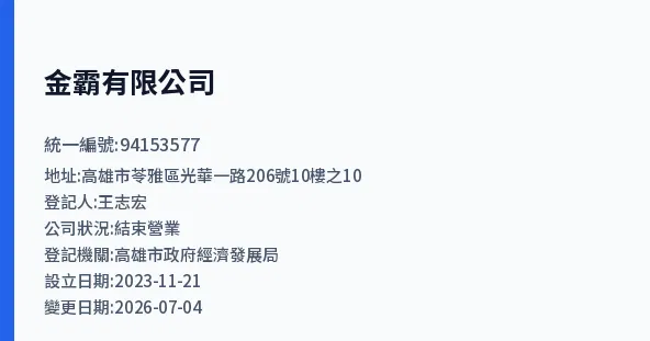 金霸有限公司的照片-統編 94153577(高雄市) 公司登記資料與營業項目詳細圖表