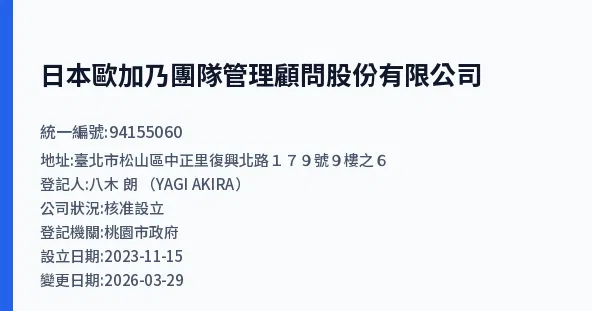 日本歐加乃團隊管理顧問股份有限公司的照片-統編 94155060(臺北市) 公司登記資料與營業項目詳細圖表