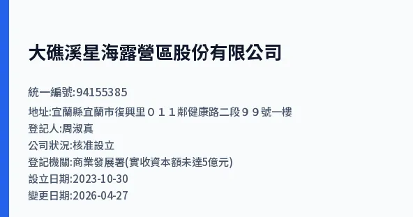 大礁溪星海露營區股份有限公司的照片-統編 94155385(宜蘭縣) 公司登記資料與營業項目詳細圖表