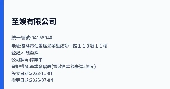 至娛有限公司的照片-統編 94156048(基隆市) 公司登記資料與營業項目詳細圖表