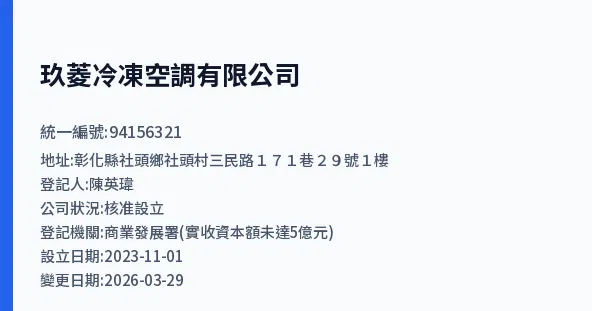 玖菱冷凍空調有限公司的照片-統編 94156321(彰化縣) 公司登記資料與營業項目詳細圖表