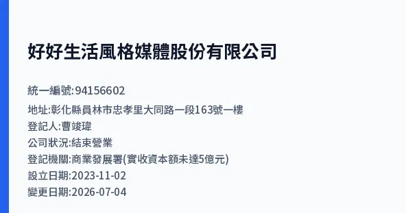 好好生活風格媒體股份有限公司的照片-統編 94156602(彰化縣) 公司登記資料與營業項目詳細圖表