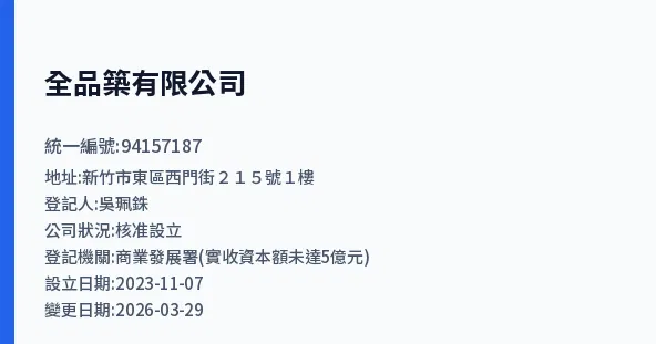 全品築有限公司的照片-統編 94157187(新竹市) 公司登記資料與營業項目詳細圖表