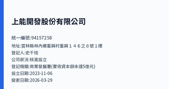 上能開發股份有限公司的照片-統編 94157258(雲林縣) 公司登記資料與營業項目詳細圖表