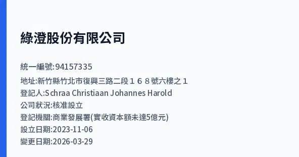 綠澄股份有限公司的照片-統編 94157335(新竹縣) 公司登記資料與營業項目詳細圖表