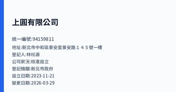上圓有限公司的照片-統編 94159811(新北市) 公司登記資料與營業項目詳細圖表