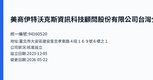 美商伊特沃克斯資訊科技顧問股份有限公司台灣分公司的照片-統編 94160520 公司登記資料與營業項目詳細圖表