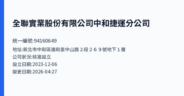 全聯實業股份有限公司中和捷運分公司的照片-統編 94160649(新北市) 公司登記資料與營業項目詳細圖表
