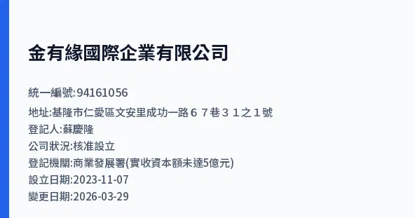 金有緣國際企業有限公司的照片-統編 94161056(基隆市) 公司登記資料與營業項目詳細圖表