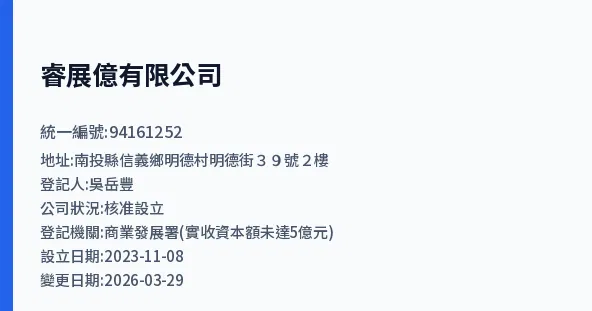 睿展億有限公司的照片-統編 94161252(南投縣) 公司登記資料與營業項目詳細圖表