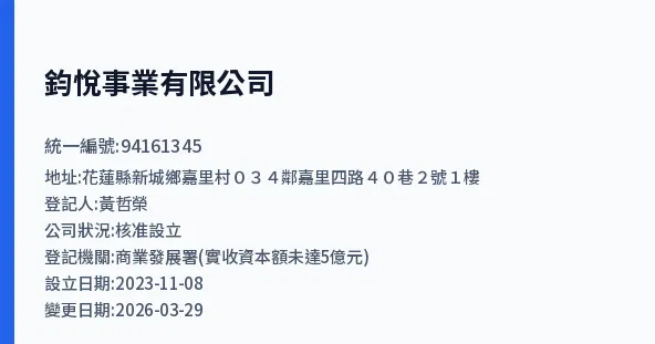 鈞悅事業有限公司的照片-統編 94161345(花蓮縣) 公司登記資料與營業項目詳細圖表