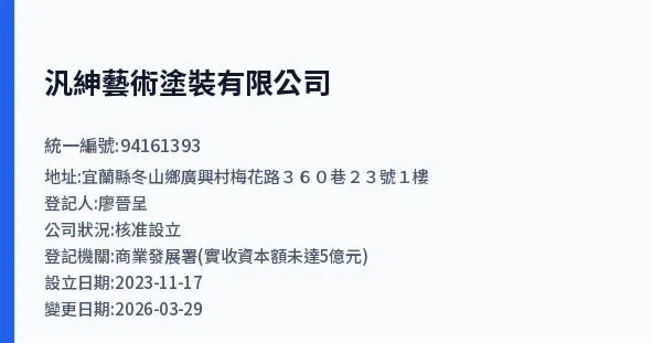 汎紳藝術塗裝有限公司的照片-統編 94161393(宜蘭縣) 公司登記資料與營業項目詳細圖表