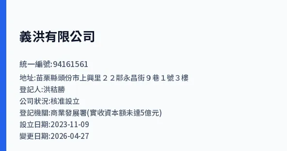 義洪有限公司的照片-統編 94161561(苗栗縣) 公司登記資料與營業項目詳細圖表