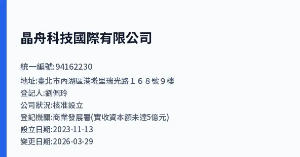 晶舟科技國際有限公司的照片-統編 94162230(臺北市) 公司登記資料與營業項目詳細圖表