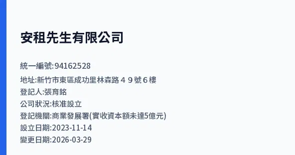 安租先生有限公司的照片-統編 94162528(新竹市) 公司登記資料與營業項目詳細圖表