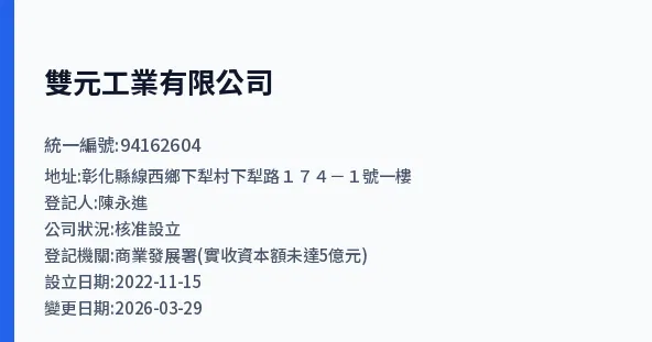 雙元工業有限公司的照片-統編 94162604(彰化縣) 公司登記資料與營業項目詳細圖表