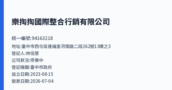 樂掏掏國際整合行銷有限公司的照片-統編 94163218(臺中市) 公司登記資料與營業項目詳細圖表