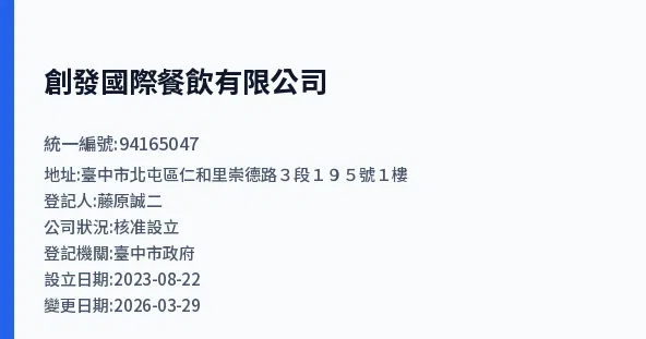 創發國際餐飲有限公司的照片-統編 94165047(臺中市) 公司登記資料與營業項目詳細圖表