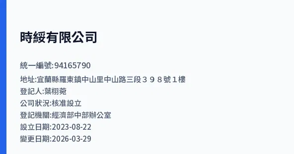 時綏有限公司的照片-統編 94165790(宜蘭縣) 公司登記資料與營業項目詳細圖表