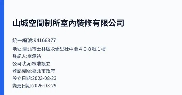 山城空間制所室內裝修有限公司的照片-統編 94166377(臺北市) 公司登記資料與營業項目詳細圖表