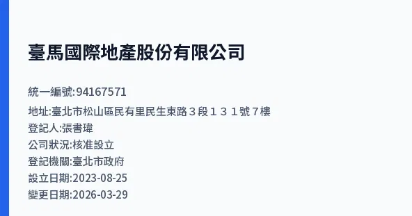 臺馬國際地產股份有限公司的照片-統編 94167571(臺北市) 公司登記資料與營業項目詳細圖表