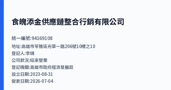 食魄添金供應鏈整合行銷有限公司的照片-統編 94169108(高雄市) 公司登記資料與營業項目詳細圖表